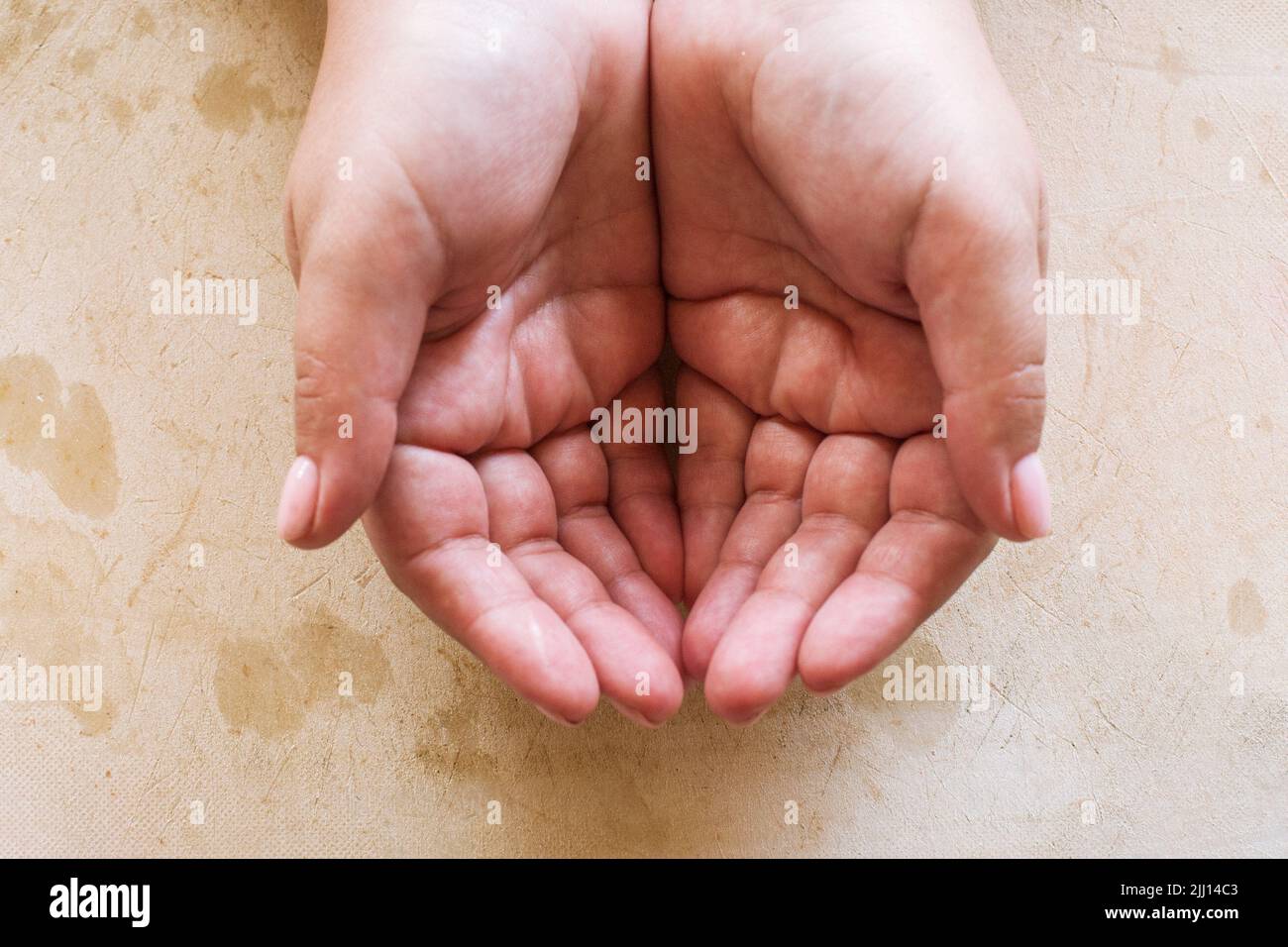 Cupped female hands on dirty beige background Stock Photo - Alamy