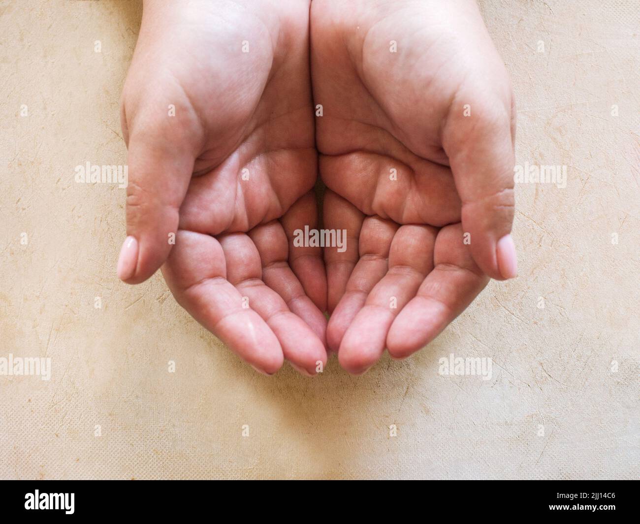 Cupped female hands on beige background Stock Photo - Alamy
