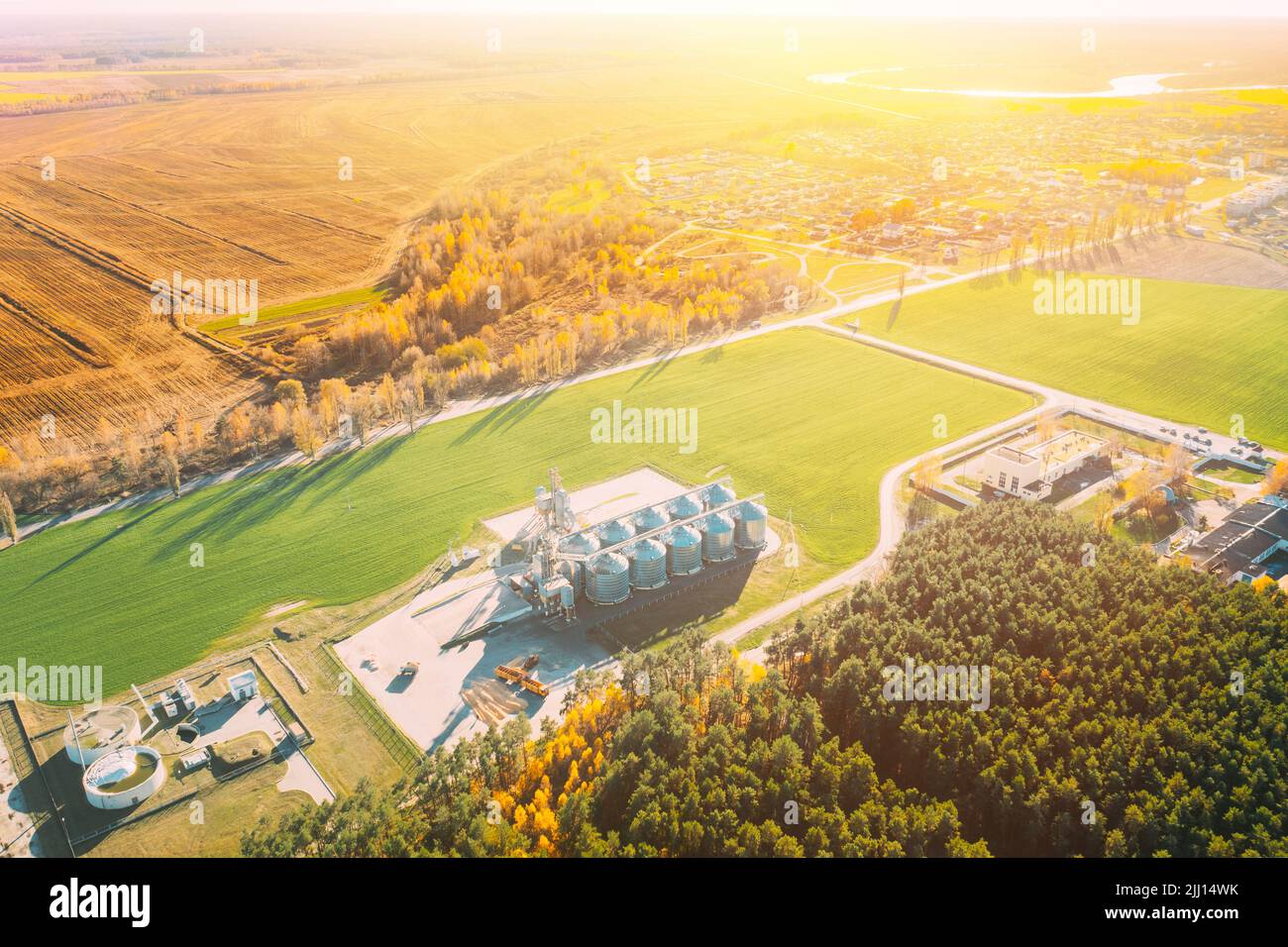 Aerial view modern granary, grain-drying complex, commercial grain or ...