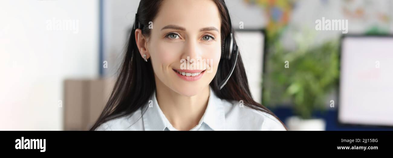 Lady support service worker wear headset with microphone for voice ...