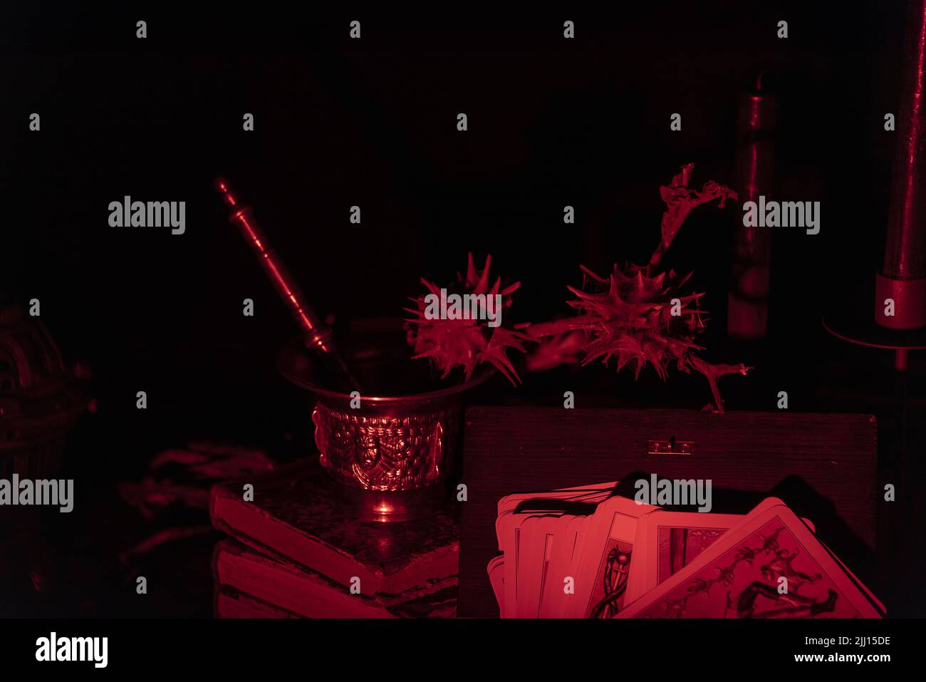 Witch laboratory with potion, elixirs, glass bottles, dry flowers ...