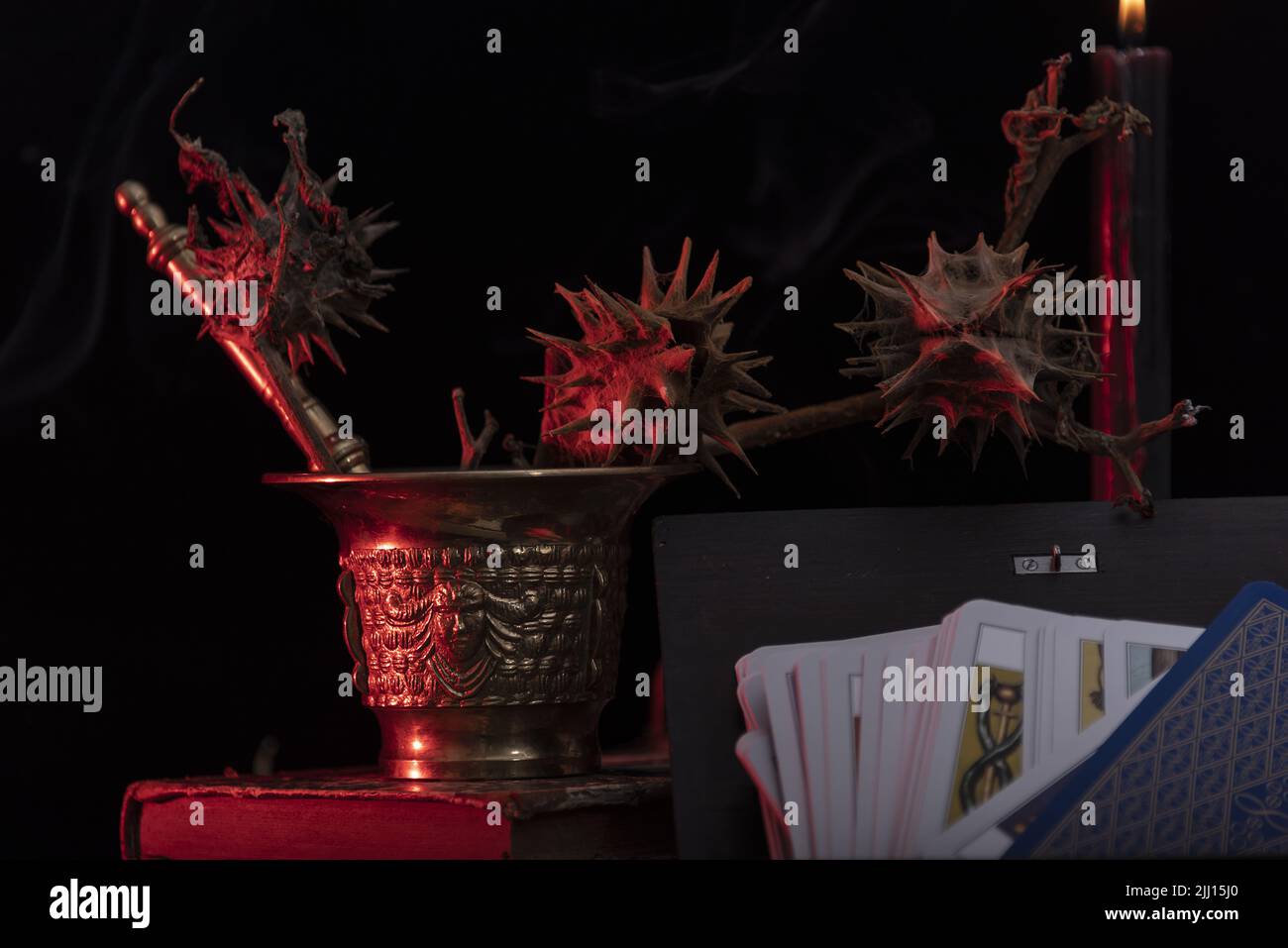 Witch laboratory with potion, elixirs, glass bottles, dry flowers ...