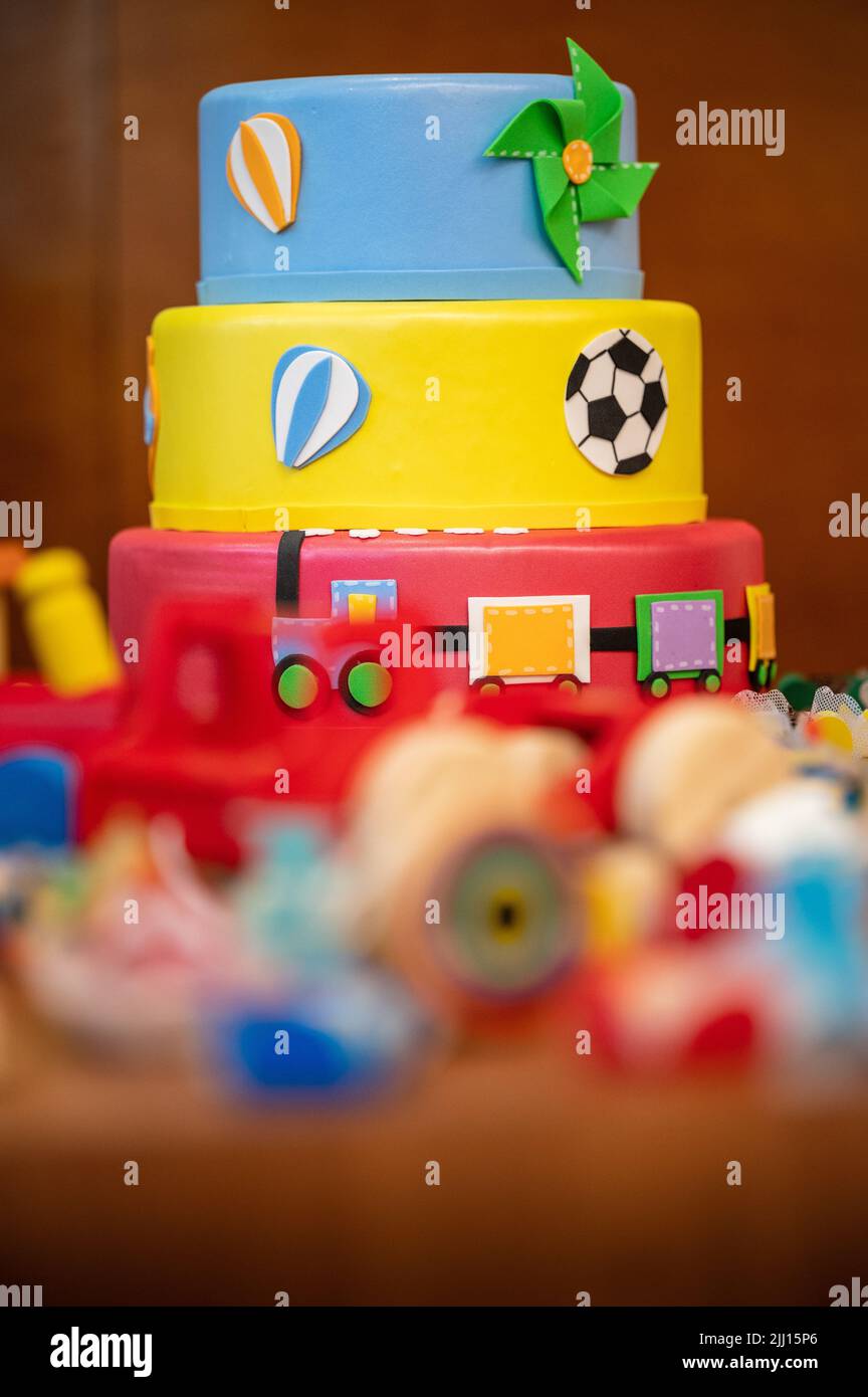 A Setup Of A Child Birthday Party Table With Cake And Sweets Stock a-setup-of-a-child-birthday-party-table-with-cake-and-sweets-stock