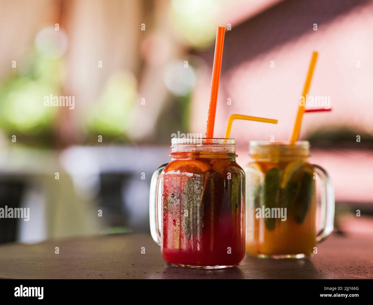 Fresh fruit cocktails in glass jars Stock Photo - Alamy