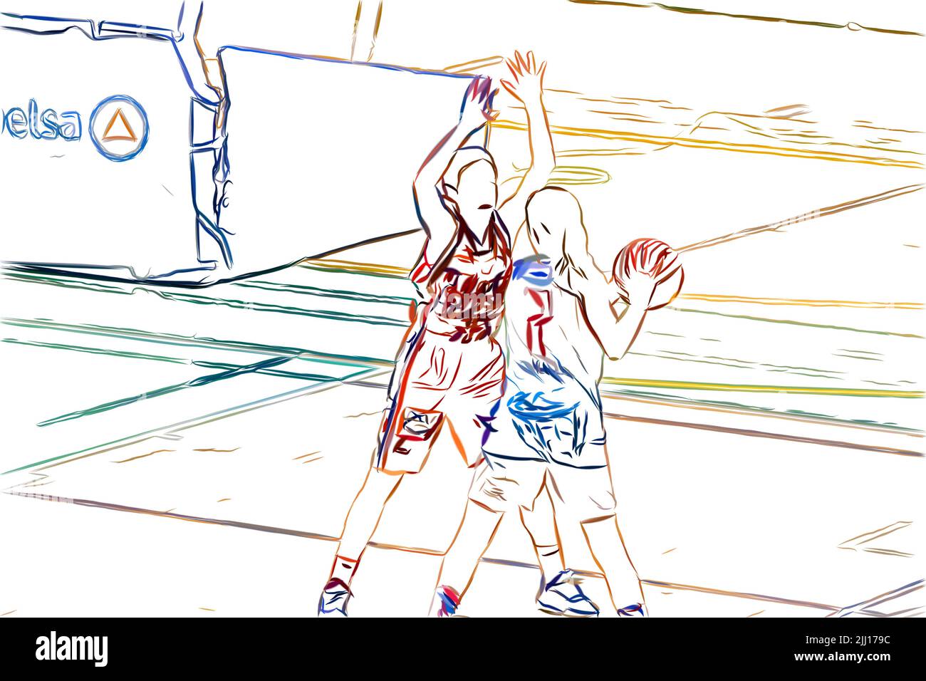 Two basketball players in action in arena. Blocked shot Stock Photo - Alamy