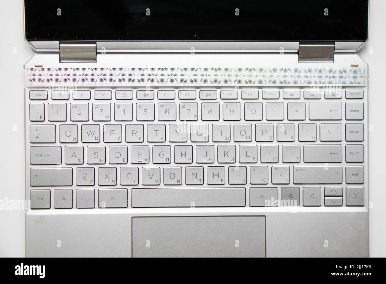 Laptop and notebook computer keyboard close-up, texts, keys and gray ...