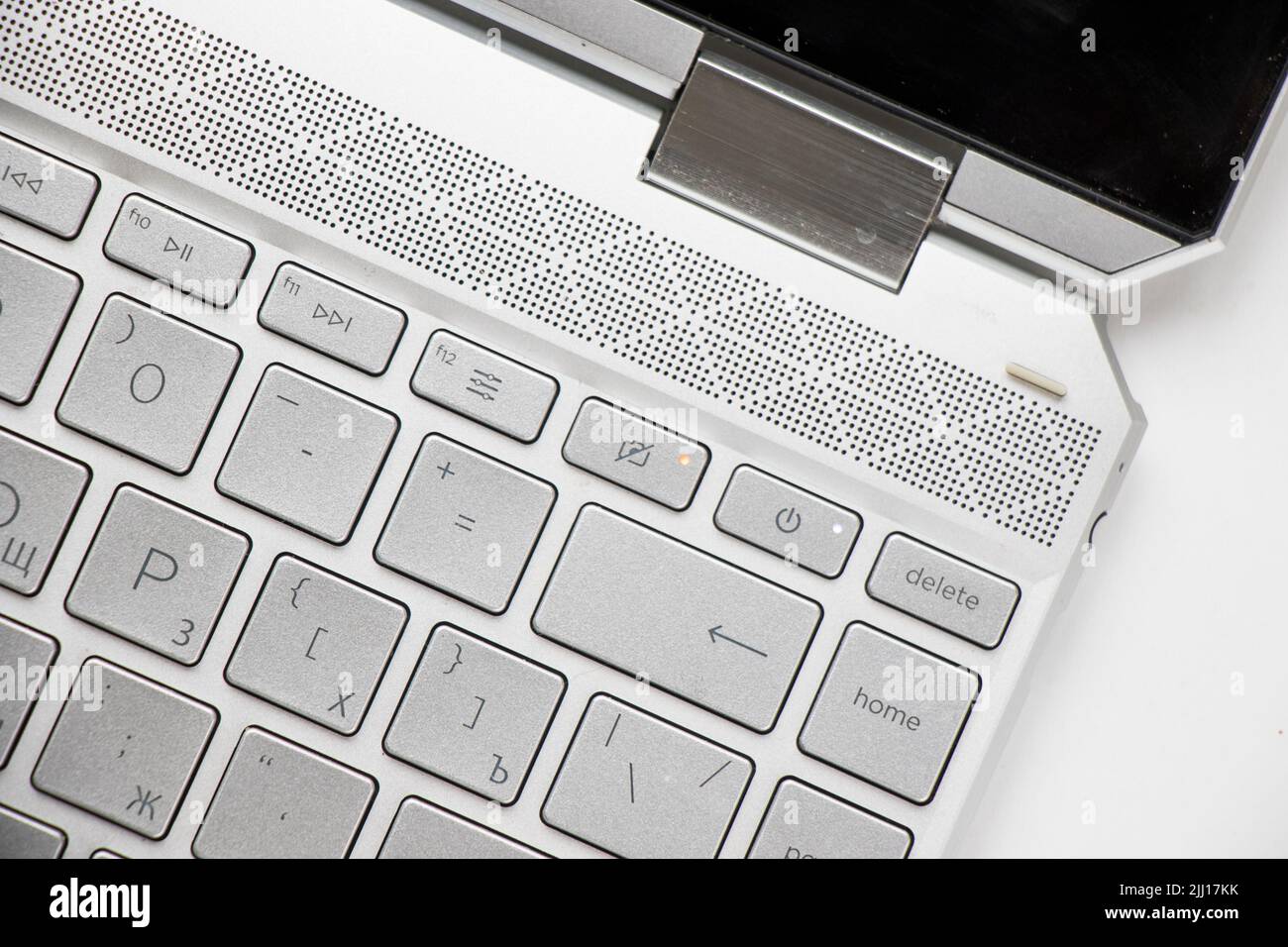 Laptop and notebook computer keyboard close-up, texts, keys and gray ...