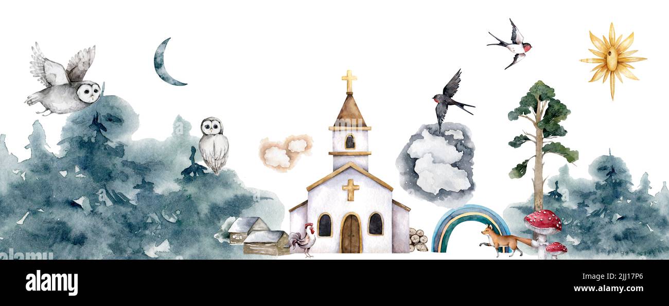 Church, rural landscape watercolor illustration. Nature, forest and ...
