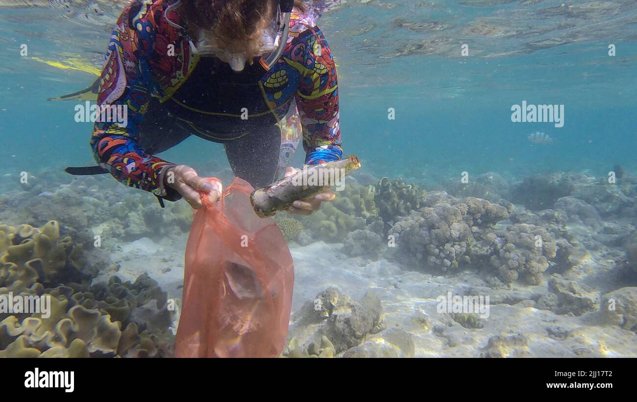 Woman in diving equipment swims and collects plastic debris underwater ...