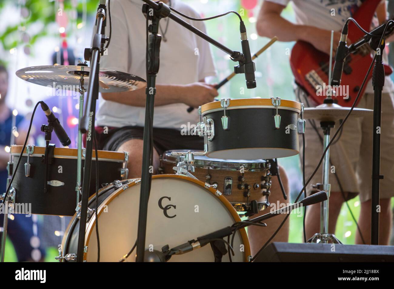 concert instruments drums guitar microphone Stock Photo - Alamy