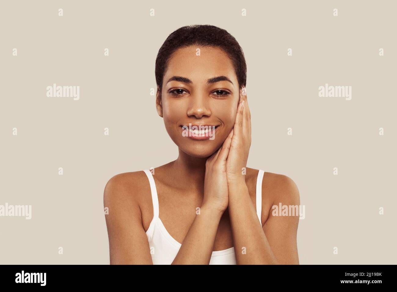 Beauty face. African american woman with natural makeup and healthy ...