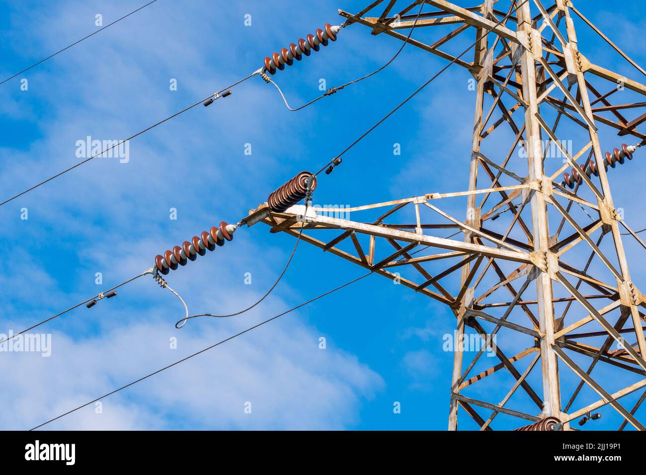 Power lines on metal poles with powerful power wires, industry Stock ...