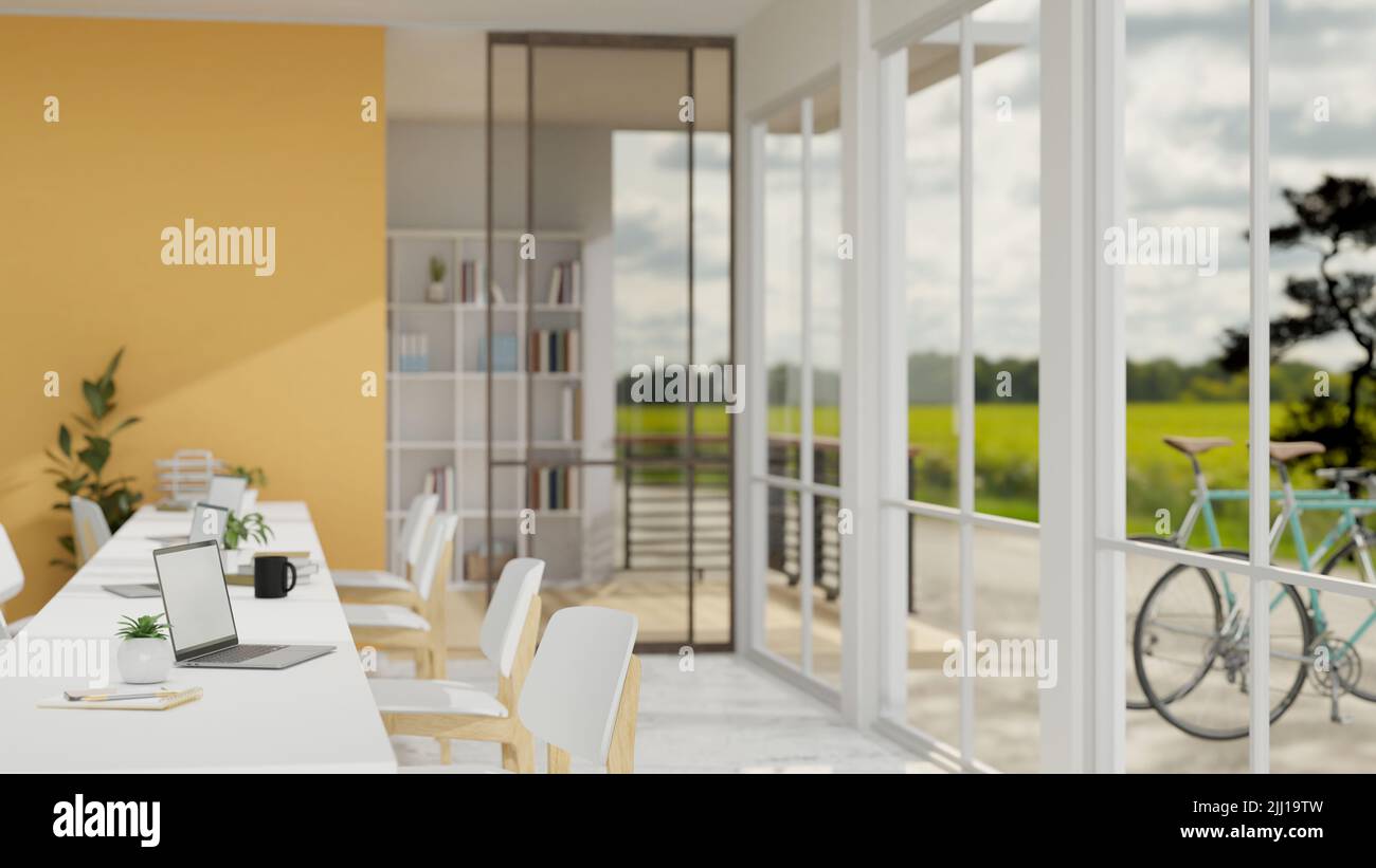 Modern trendy office studio co-working space interior design with white ...