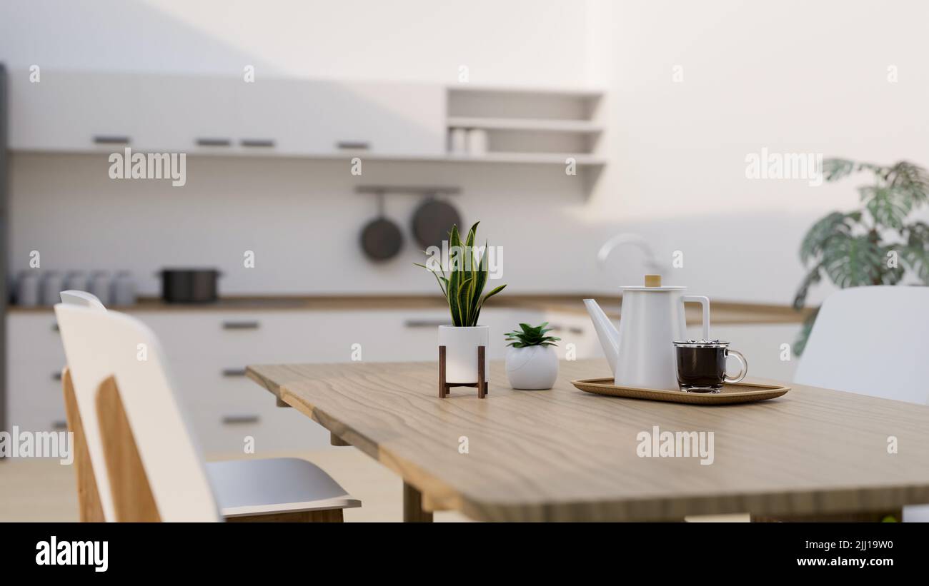 Modern minimal wood dining table with decors in modern minimal white ...
