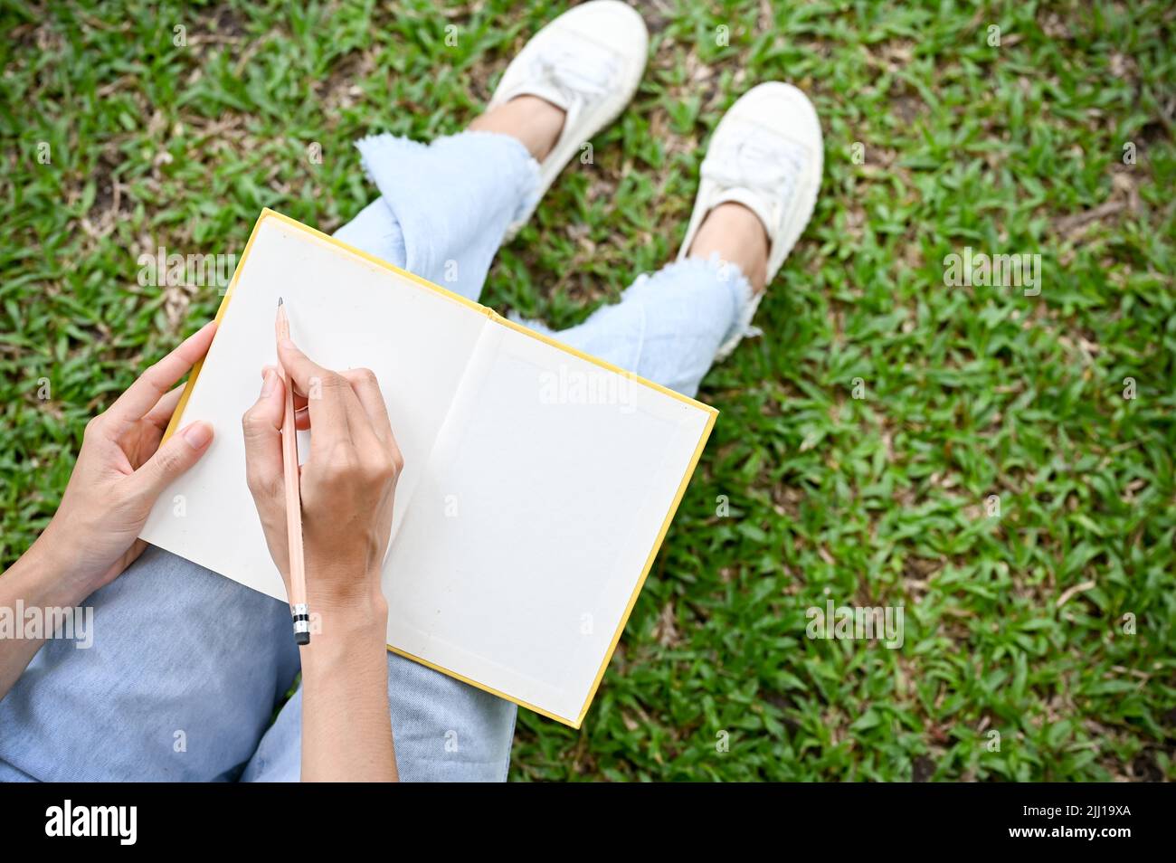 Top and close-up view, A relaxed young female sits in the green garden ...