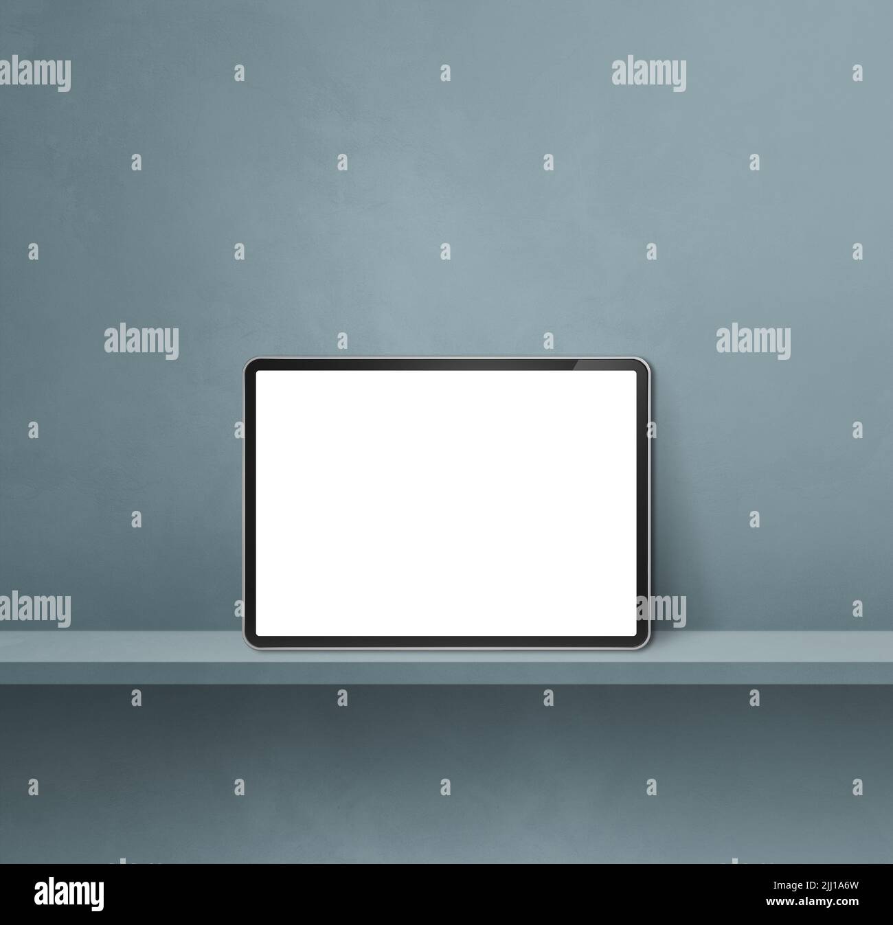 Digital tablet pc on grey wall shelf. Square background banner. 3D ...