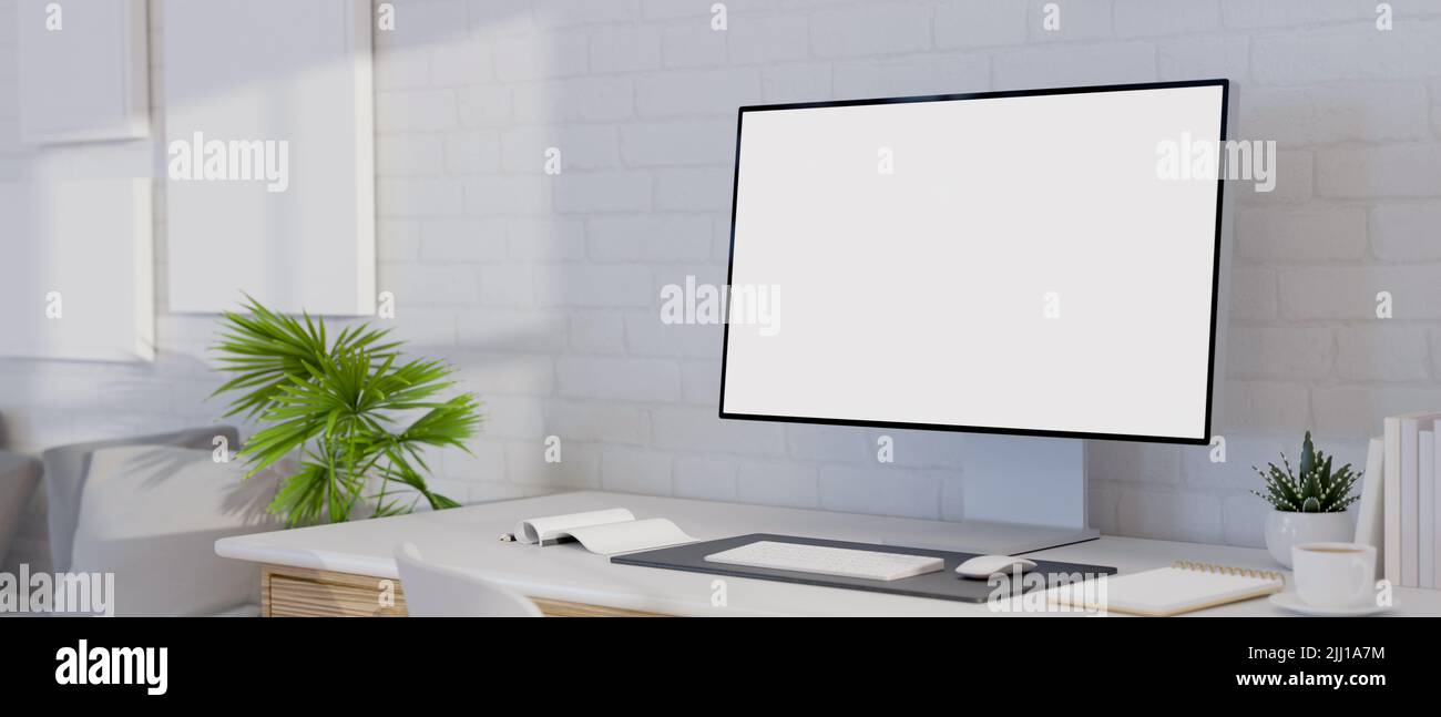 Minimal white workplace interior design with blank PC desktop computer ...
