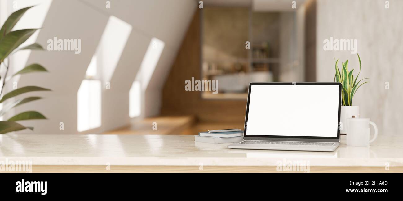 Tabletop with notebook laptop white screen mockup, coffee cup, book ...