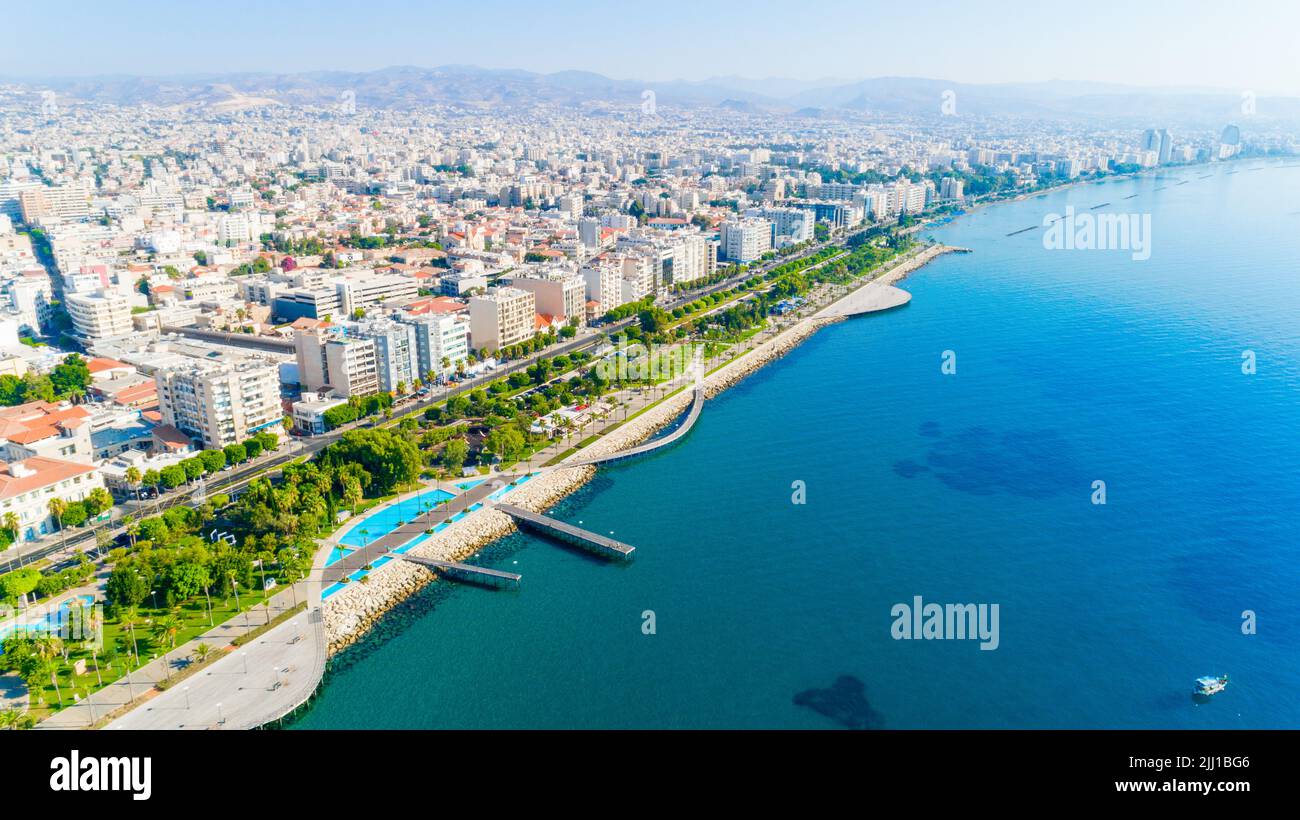 Aerial view of Molos Promenade park on the coast of Limassol city ...