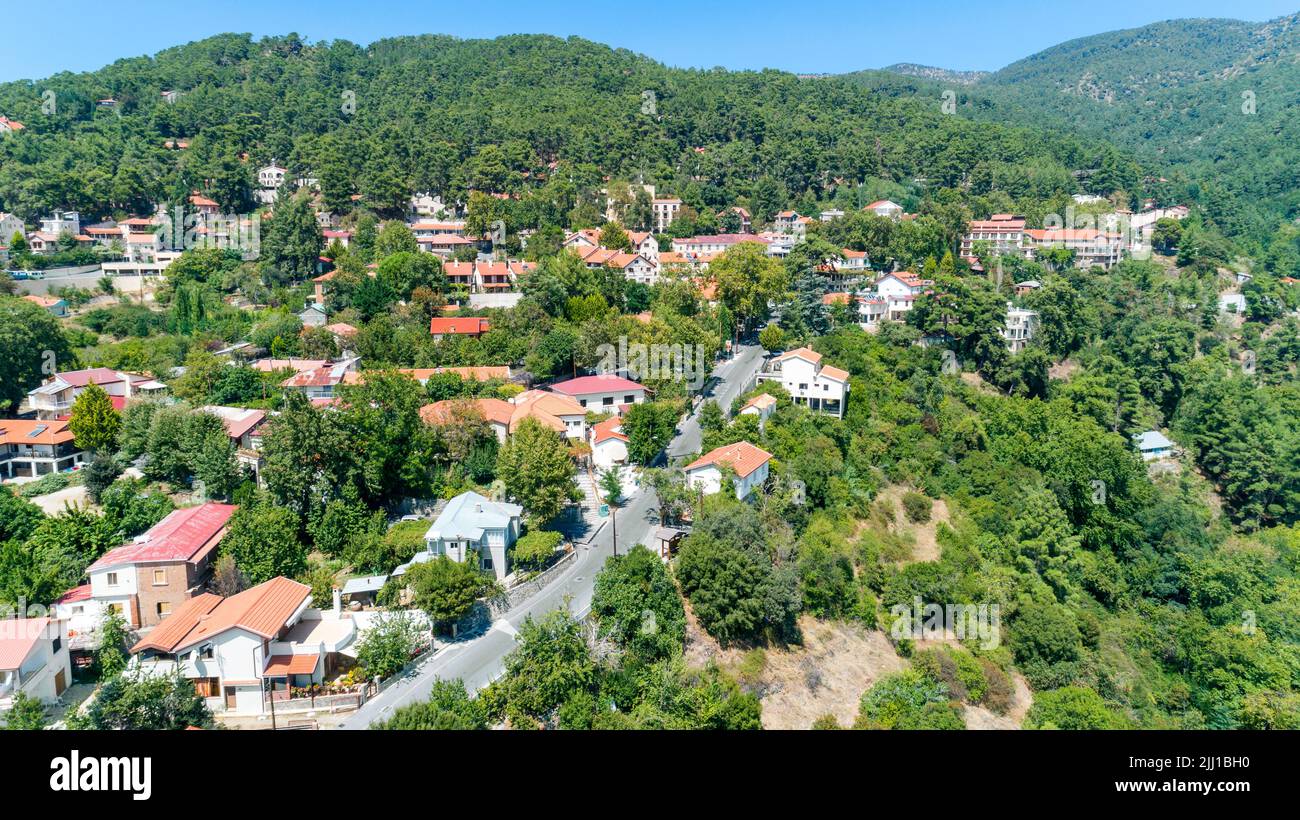 Aerial view of Pano Platres village,winter resort, on Troodos mountains ...