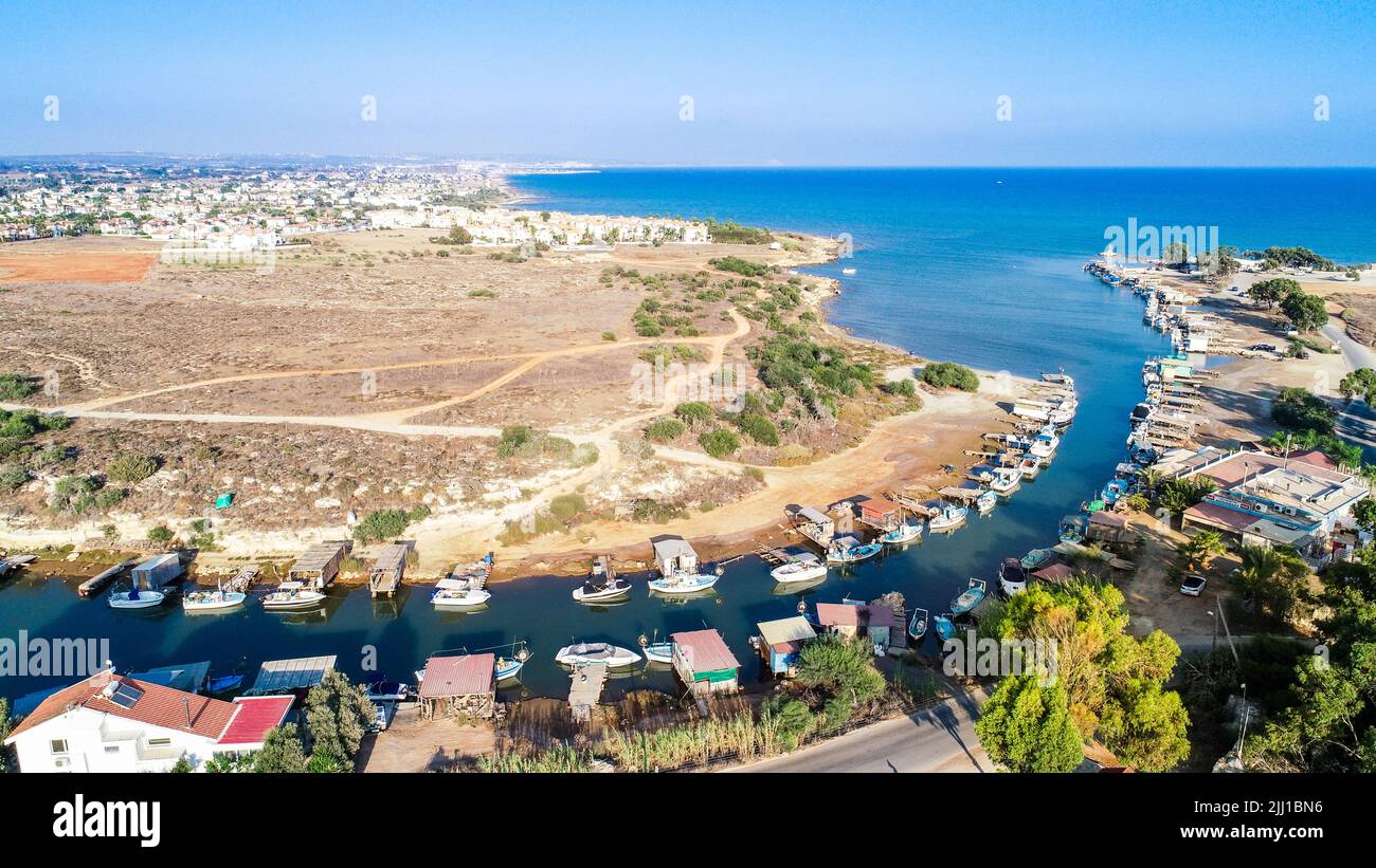 Aerial bird's eye view of Liopetri river to the sea (potamos Liopetriou ...