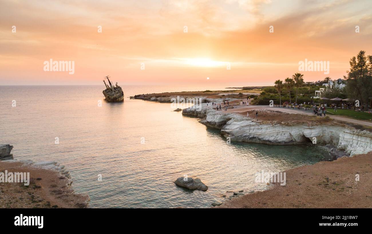 Aerial bird’s eye view of the abandoned ship wreck EDRO III in Pegeia ...
