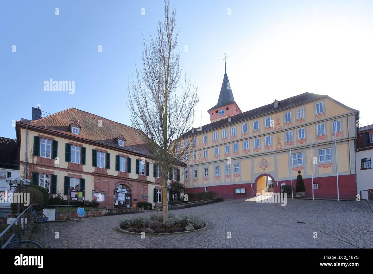 Schlossplatz with old castle in Bad König im Odenwald, Hesse, Germany ...