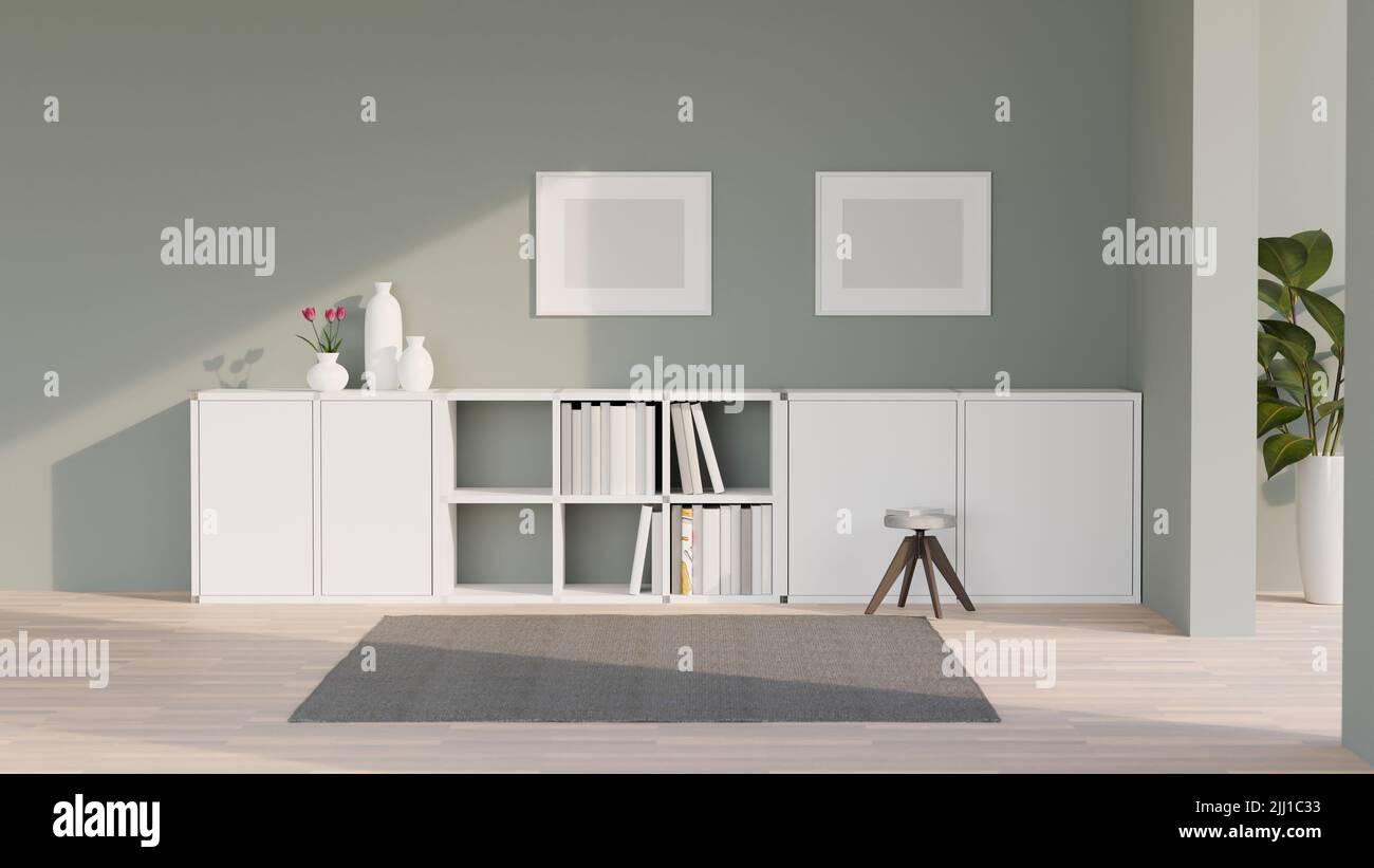 Modern minimal living room interior design with modern white storage ...