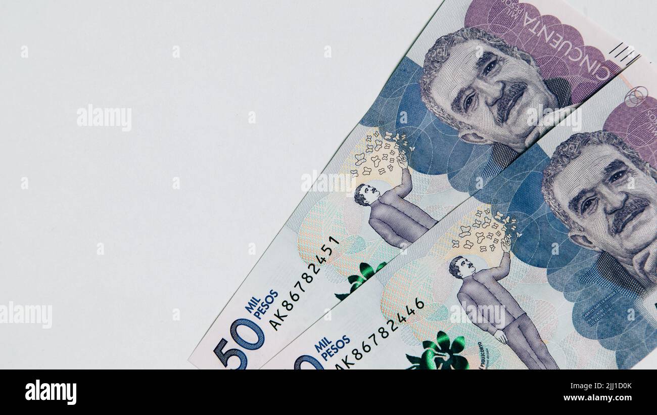 A Colombian money, fifty thousand pesos on white background with copy ...