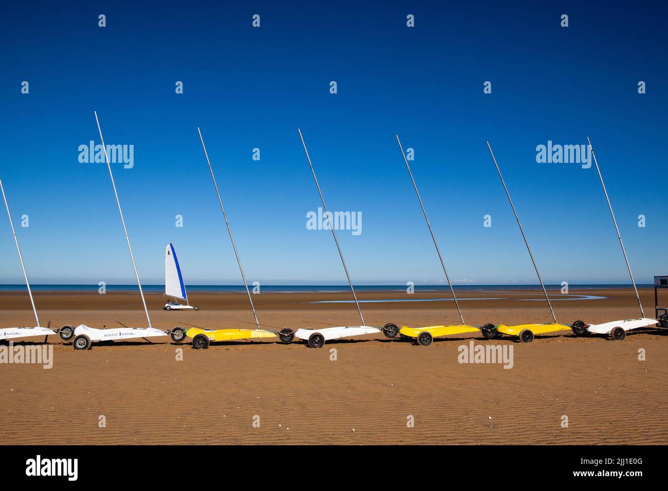 Cabourg, France - October 14,2021: Blokart wind buggy enjoying a windy ...