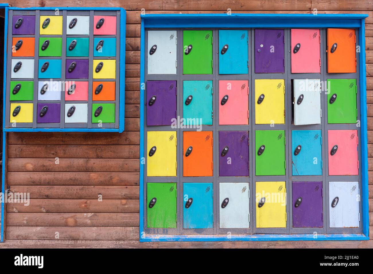 colourful storage lockers on a wall, colours of the rainbow Stock Photo ...