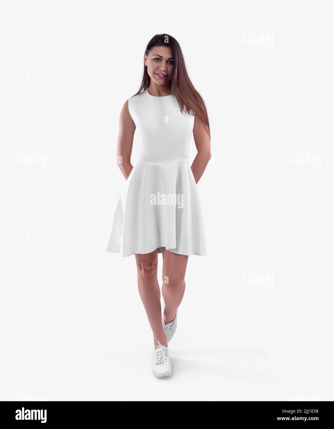 Mockup Of A White Designer Dress On A Dark Haired Girl In Moccasins A