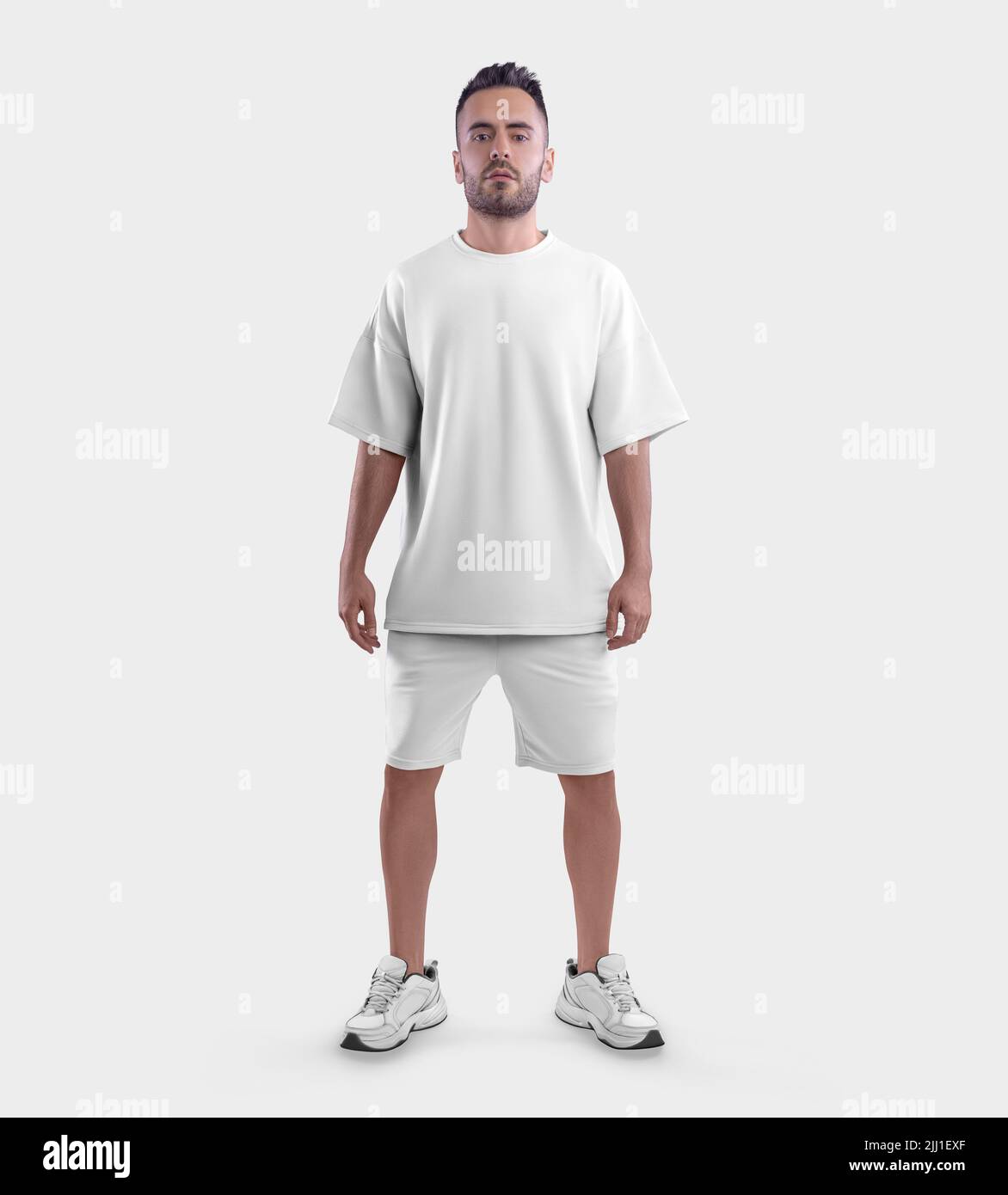 White sportswear mockup, oversized t-shirt, shorts on a guy with a ...