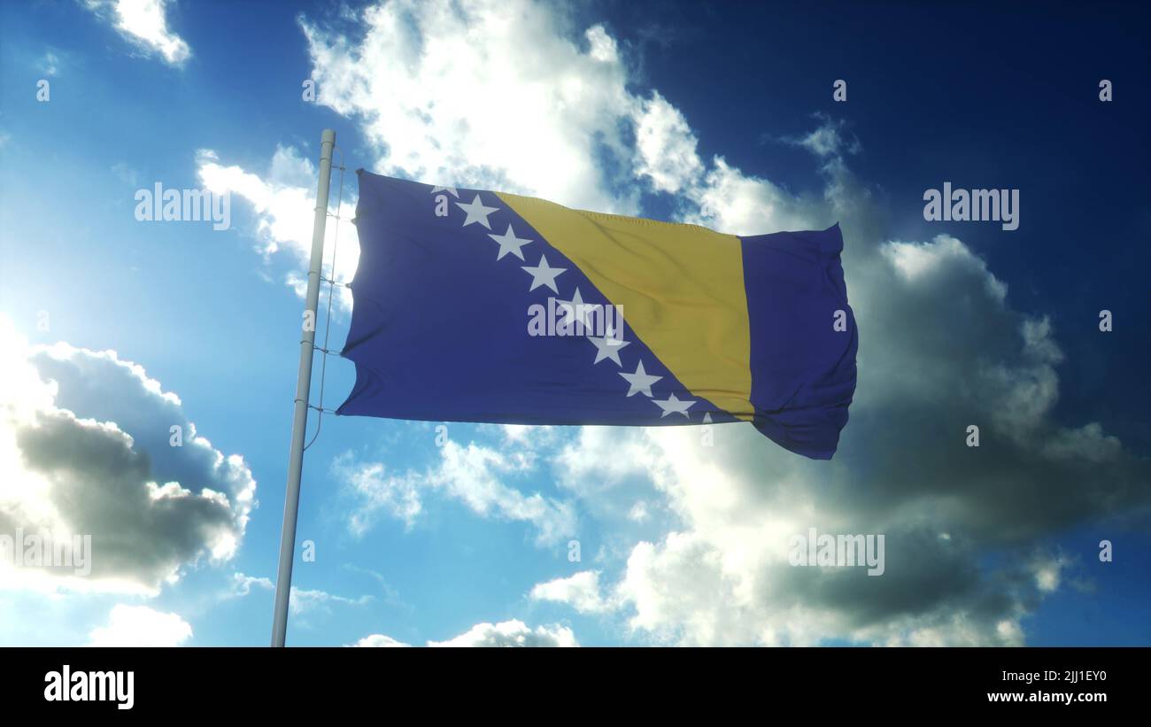Flag of Bosnia and Herzegovina waving at wind against beautiful blue ...