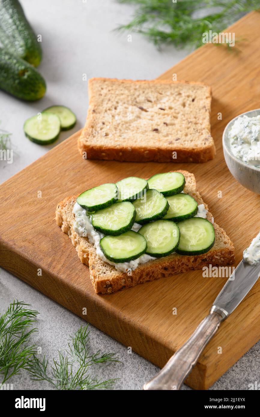 Cooking traditional English tea cucumber sandwiches with ricotta and ...