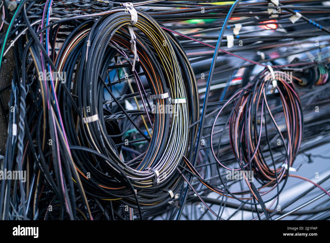 Electrical and communication overhead cables, streets of Bangkok. All ...