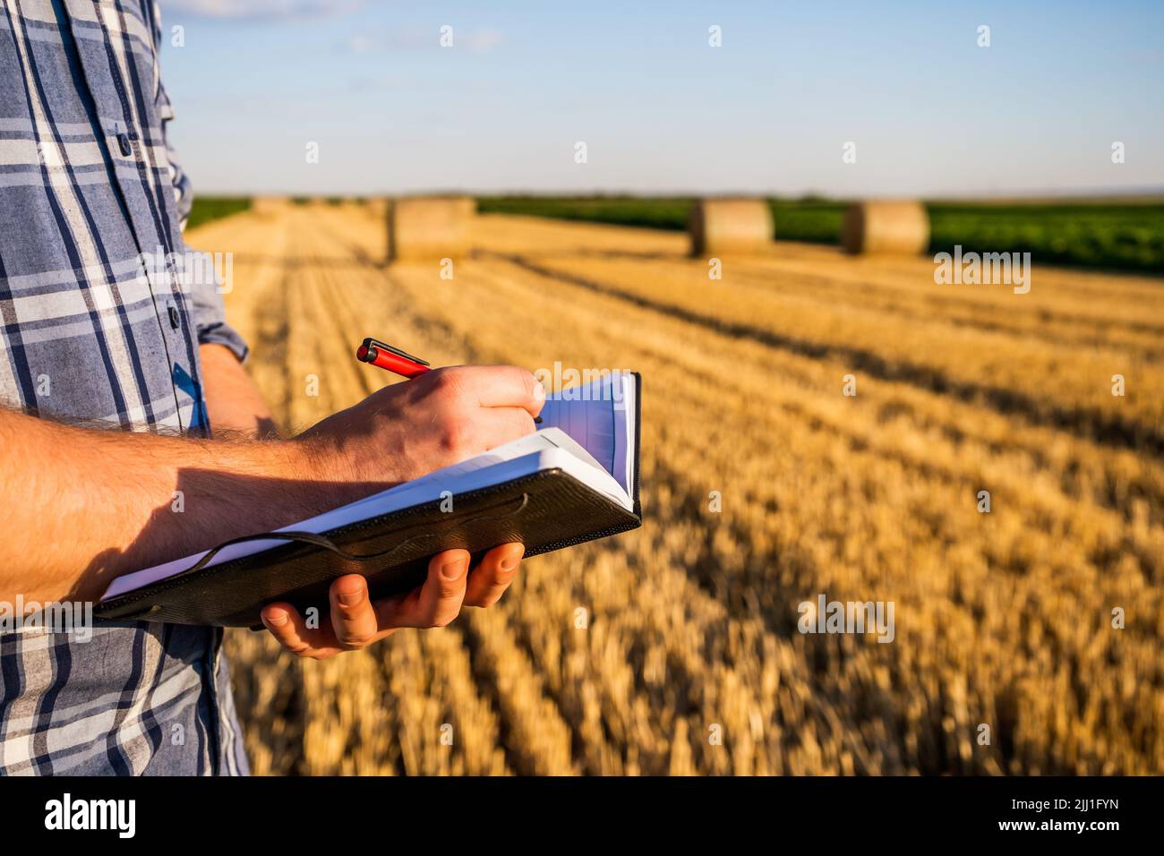Farmer writing notes and examining straw after successful harvesting ...