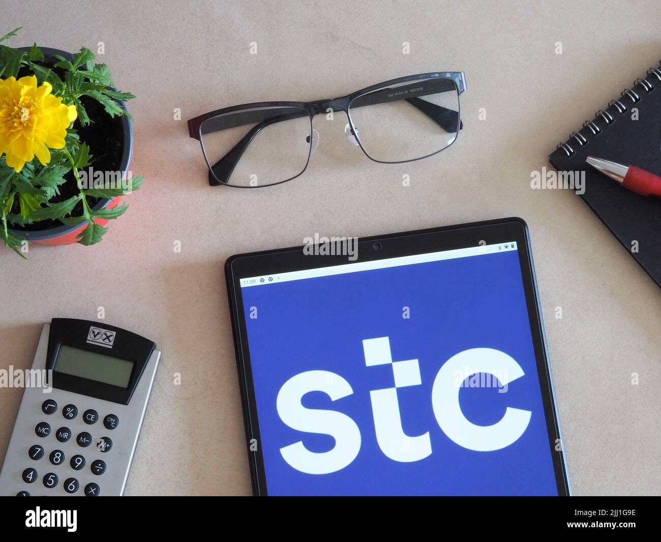 In this photo illustration, the Saudi Telecom Company (STC) logo seen ...