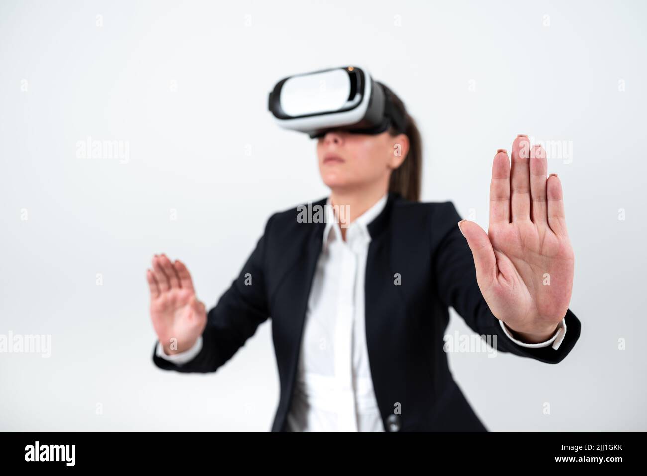 Woman Wearing Vr Glasses And Presenting Important Messages Between ...