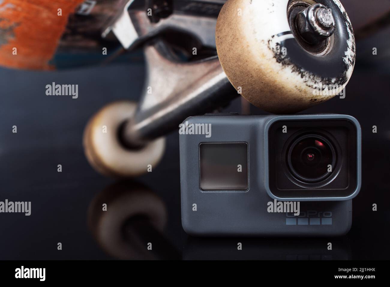 Skateboard staying on GoPro Hero5 by wheel Stock Photo - Alamy