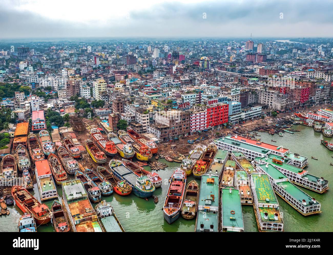 Aerial view Sadarghat Dhaka shipyard with container vessel, barges ...