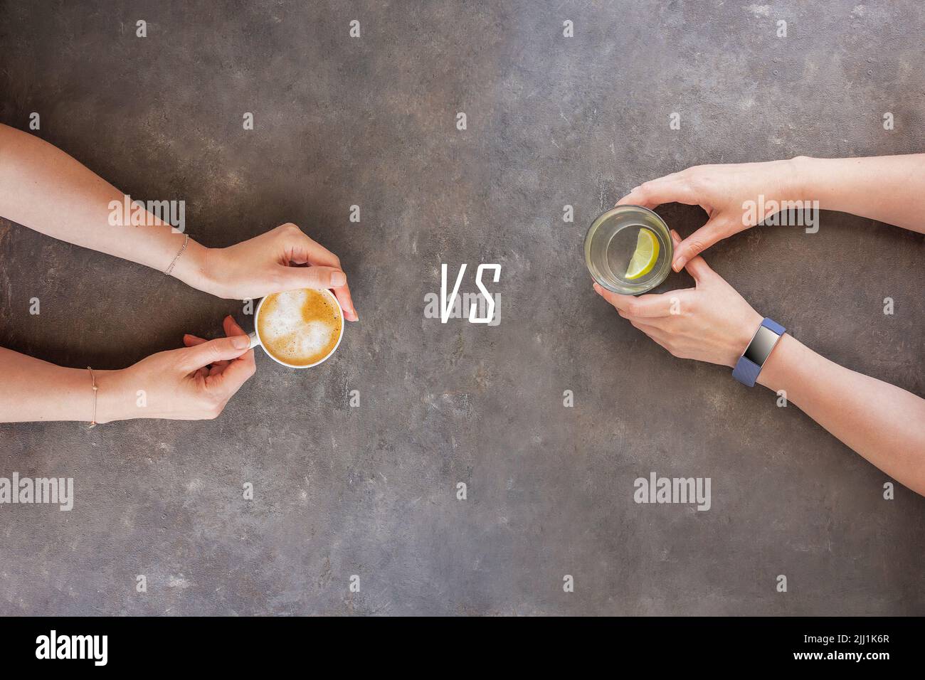 Different hands holding cup of coffee and glass of water with lemon on ...