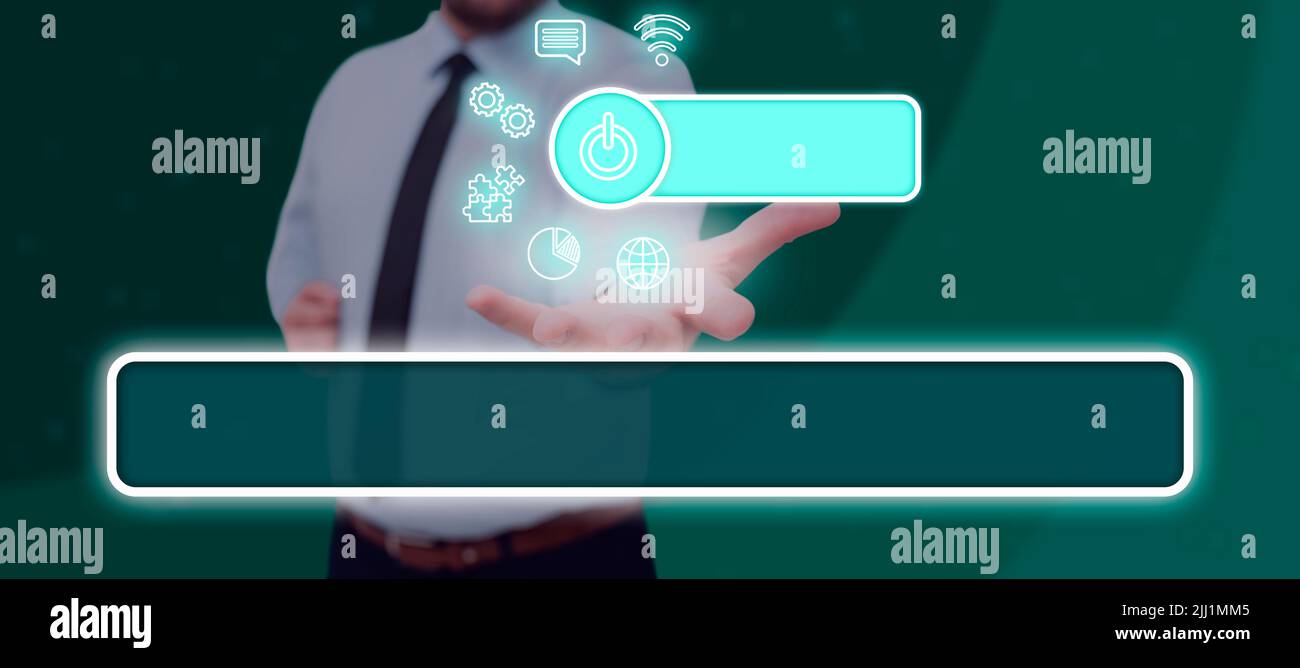 Businessman Extending The Hand And Displaying A Power Button Surrounded By Digital S In A ...