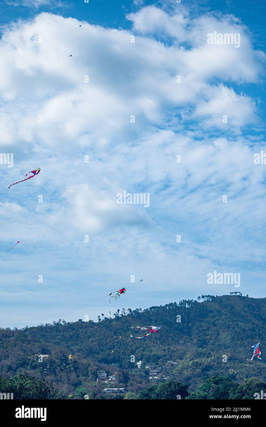 A vertical low angle of colorful kites in the blue sky Stock Photo - Alamy