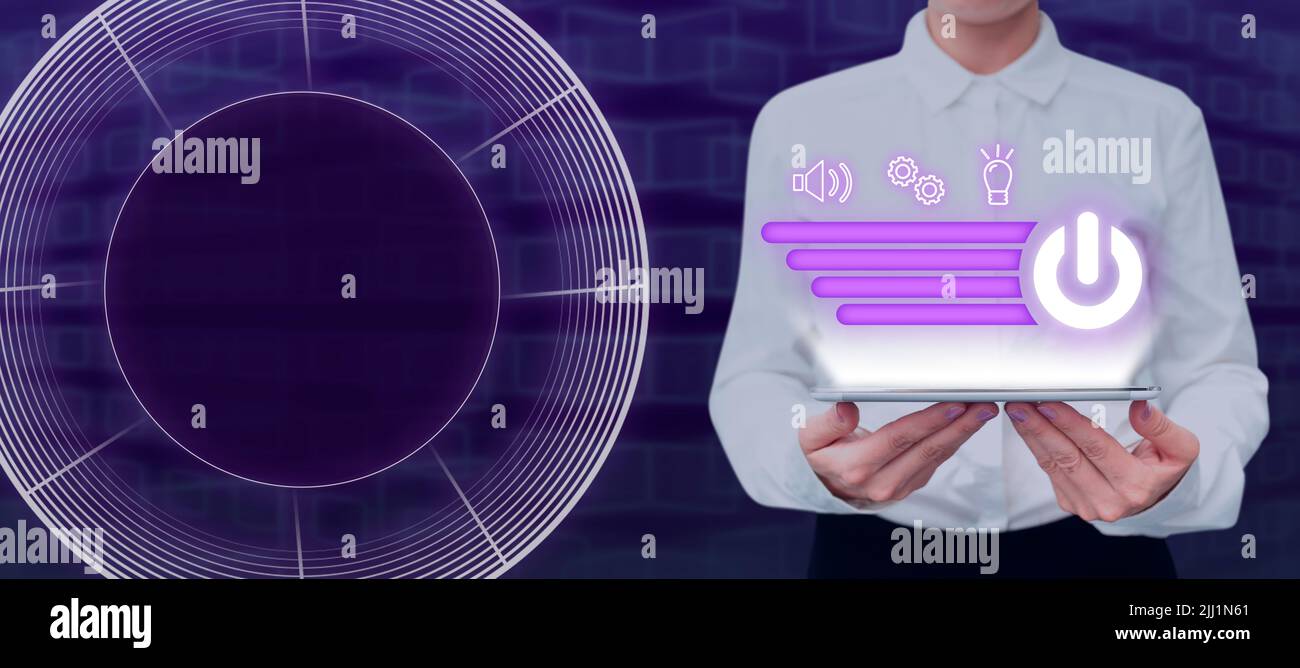 Female Professional Holding Tablet Displaying Futuristic Power Button ...