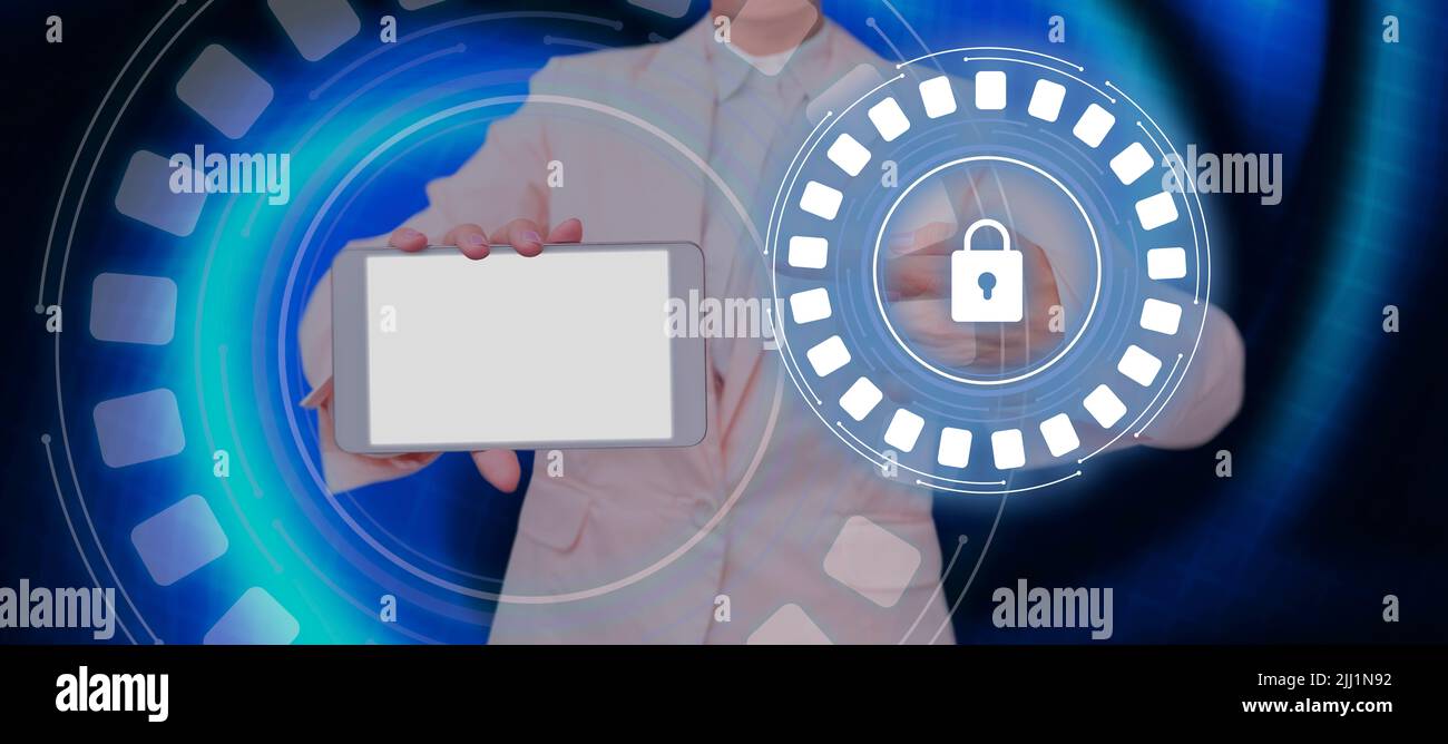 Businessman Holding A Pad And Displaying A Digital Lock In A Futuristic ...