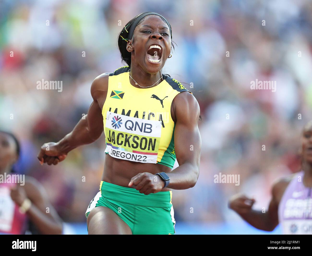 Shericka Jackson (JAM) celebrates after winning the women's 200m in a ...