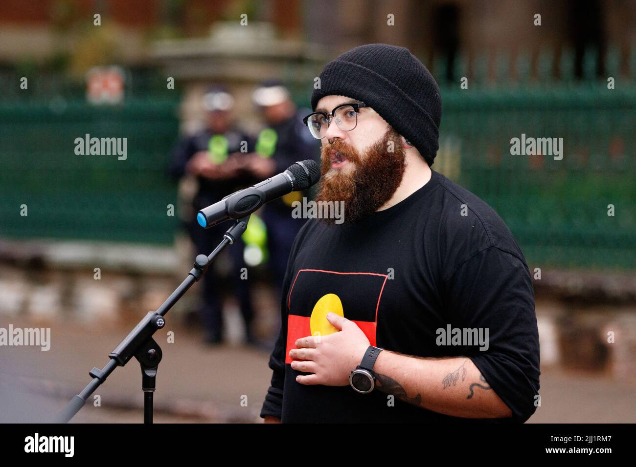 Aboriginal activist Sam Watson speaks with the crowd during a rally ...