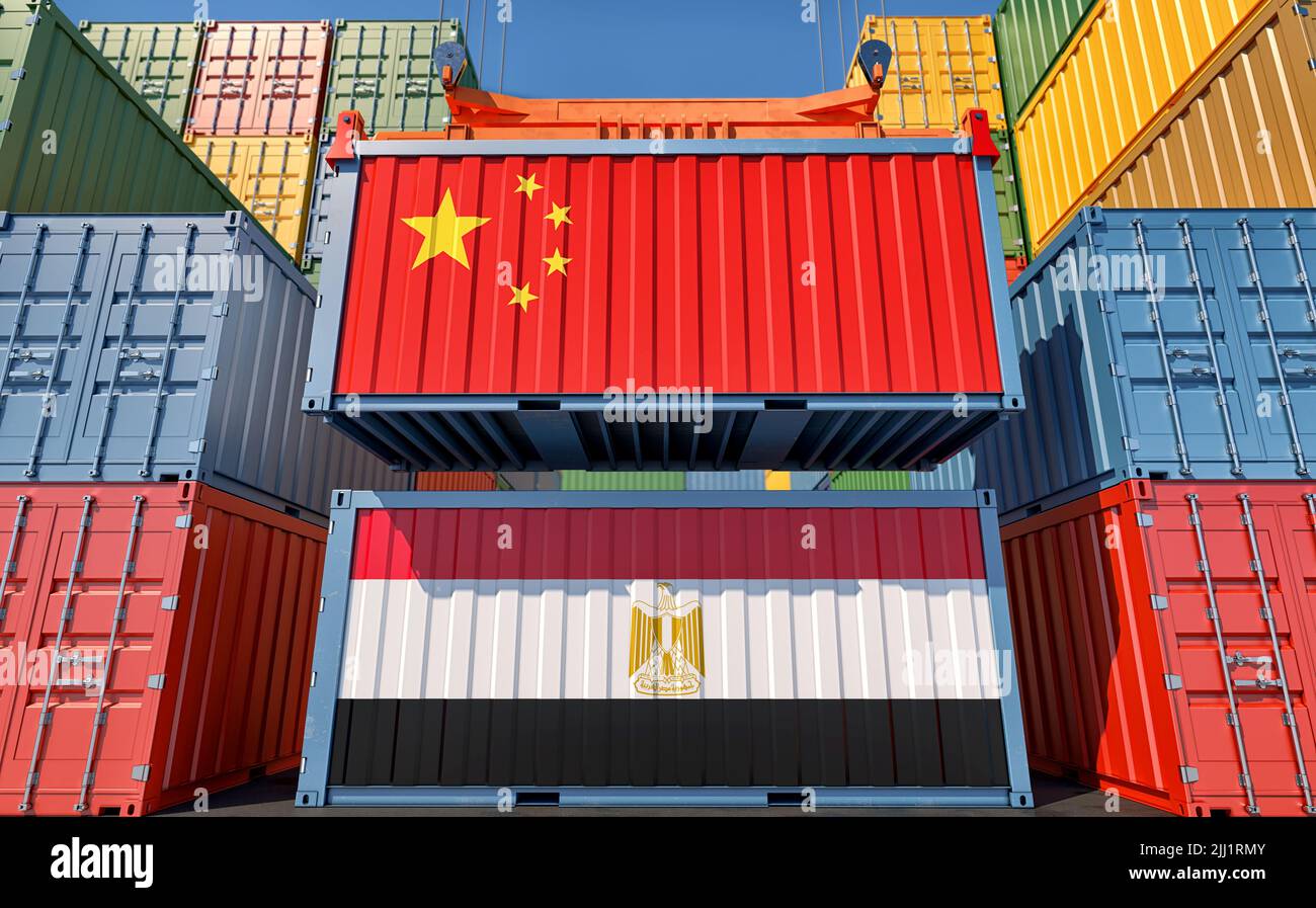 Cargo containers with Egypt and China national flags. 3D Rendering ...
