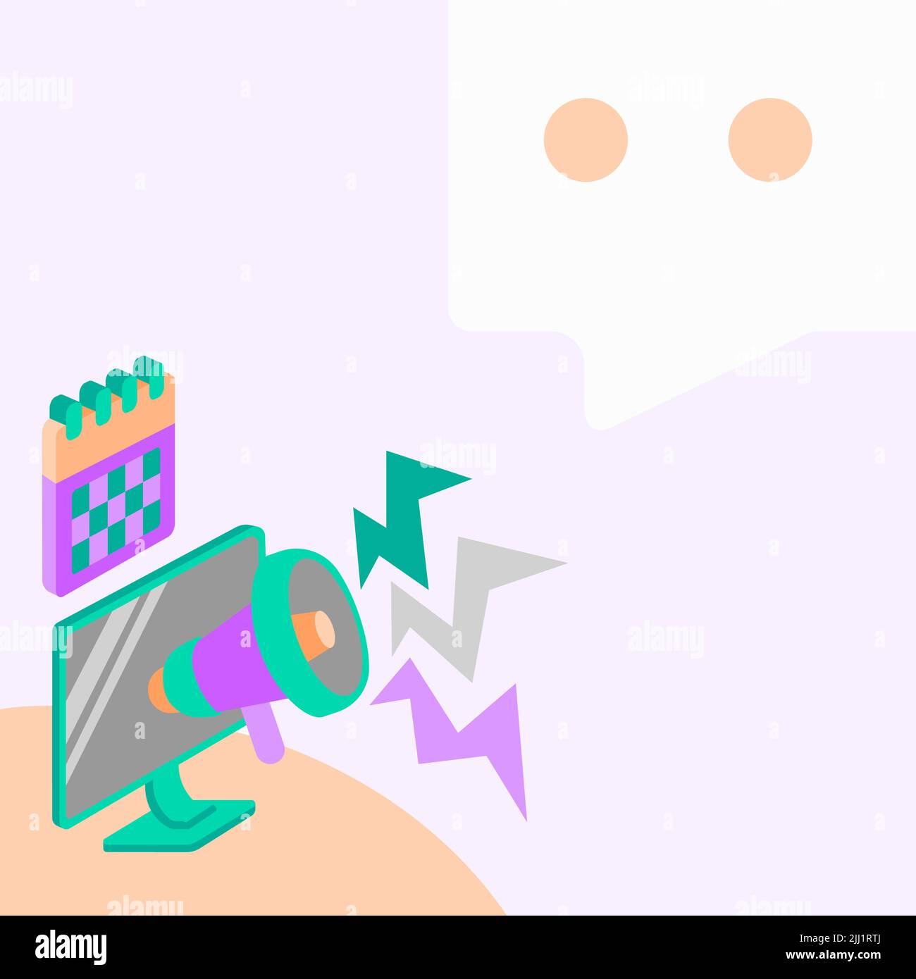 An animated megaphone in front of a computer and a calendar, producing ...
